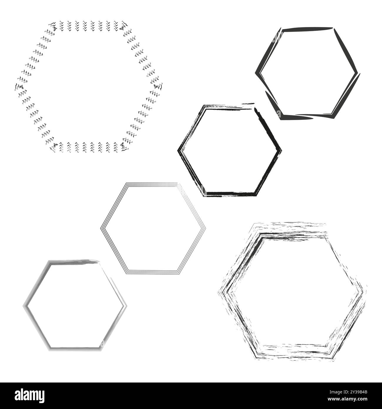 Hexagonal frames vector. Six abstract hexagon outlines. Varied textures and line styles ...