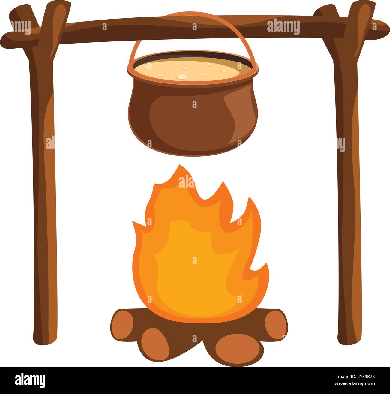 Large metal cooking pot is hanging over a burning campfire on a ...