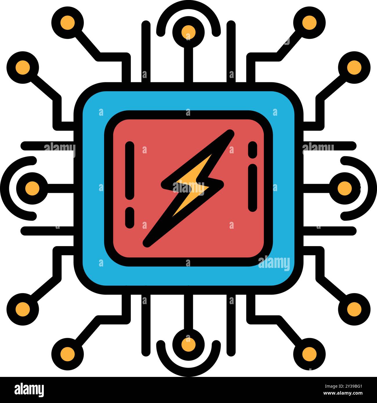 A blue and red computer chip with a lightning bolt on it. The lightning ...