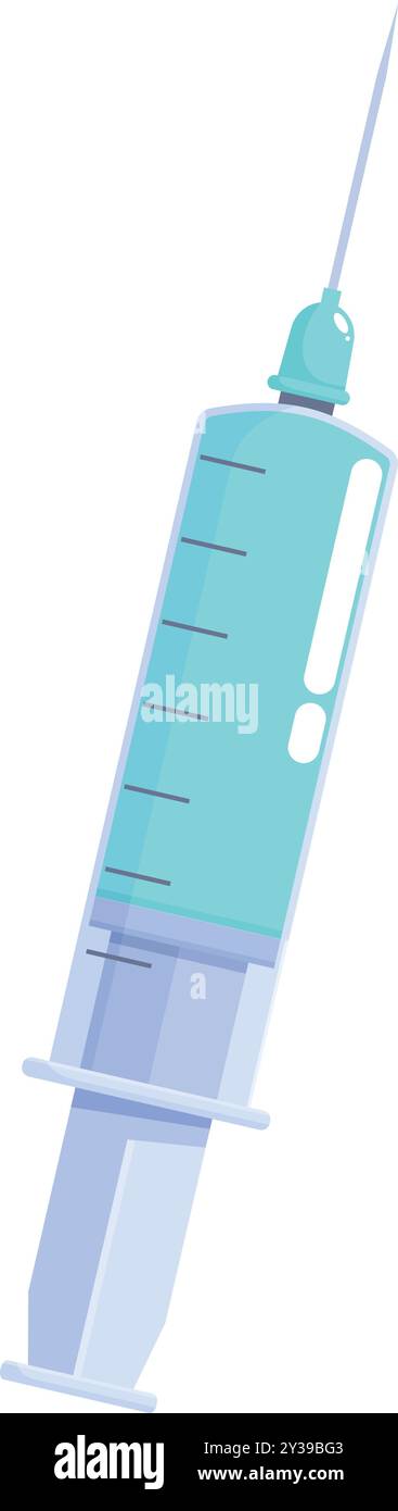 Cartoon medical syringe containing blue liquid, on a transparent ...