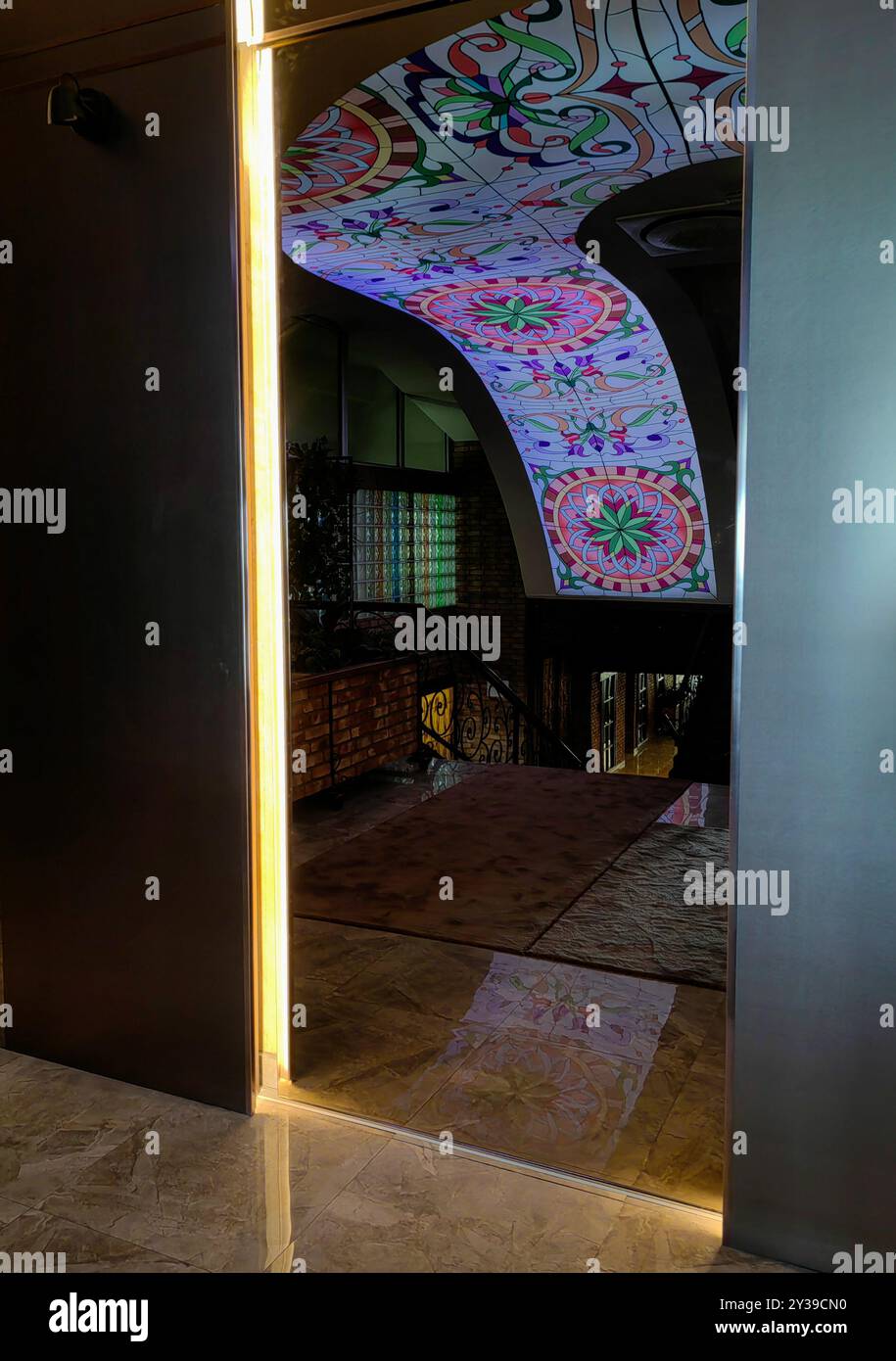 Glass Window Wall Reflection in Mosaic, Illuminated Interior Design ...