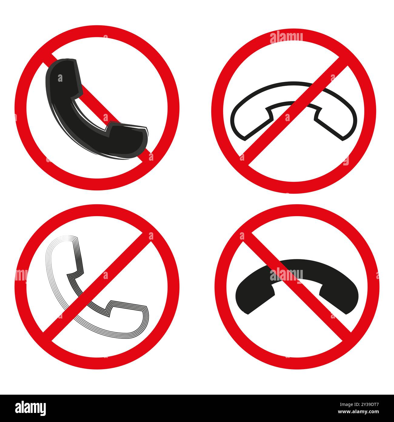 No phone icon set. Red prohibition signs. Four telephone handset ...