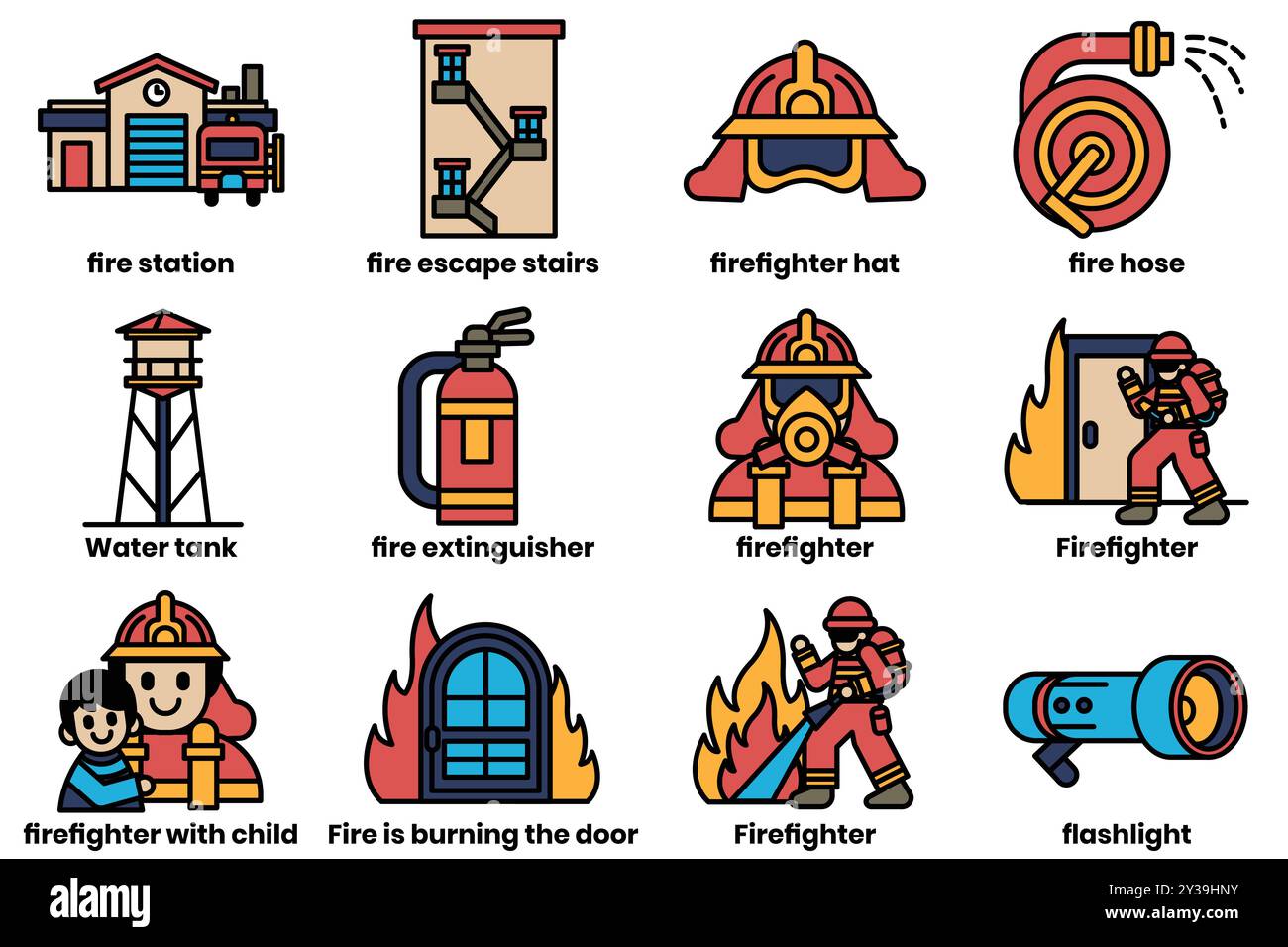 A Set of illustrations in the concept of firefighters in line drawing ...