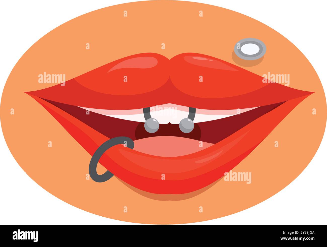 Red lips showing tongue and lip piercings on a cartoon face Stock ...