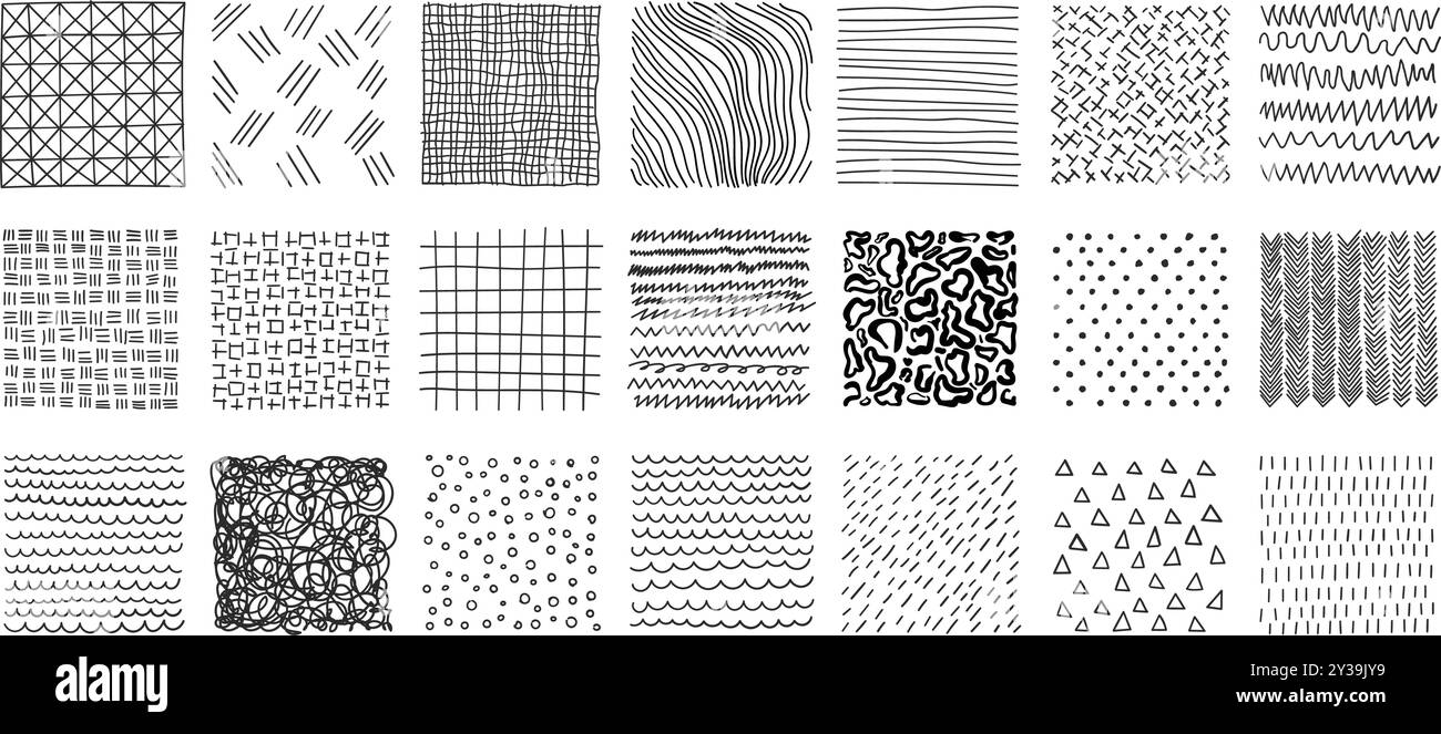 Hand drawn patterns in square icons set in flat style. Doodle sketch ...