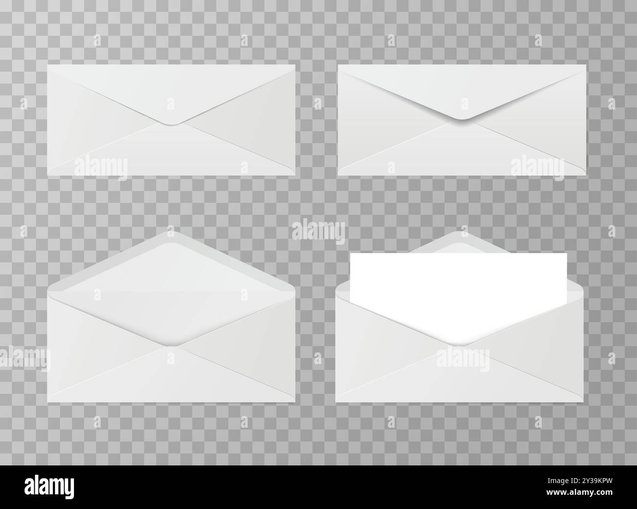 Set of realistic white envelopes in different positions. Folded and unfolded envelope backpack ...