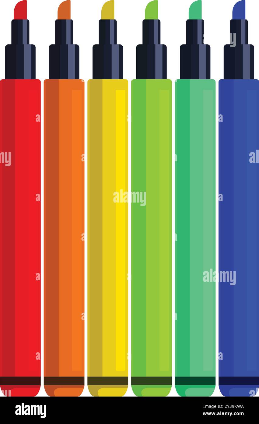 Six colorful highlighter markers standing up in a row over a white ...