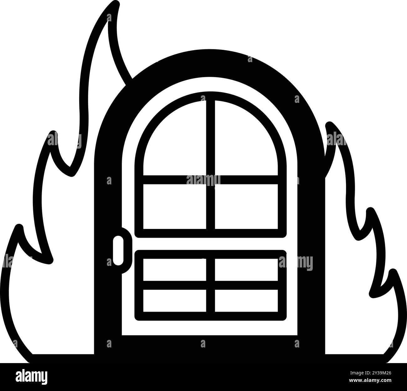 A door with flames surrounding it. The door is blue and has a window ...