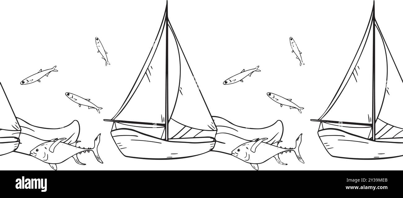 Vector Seamless border monochrome of fishing boats isolated. Fish ...