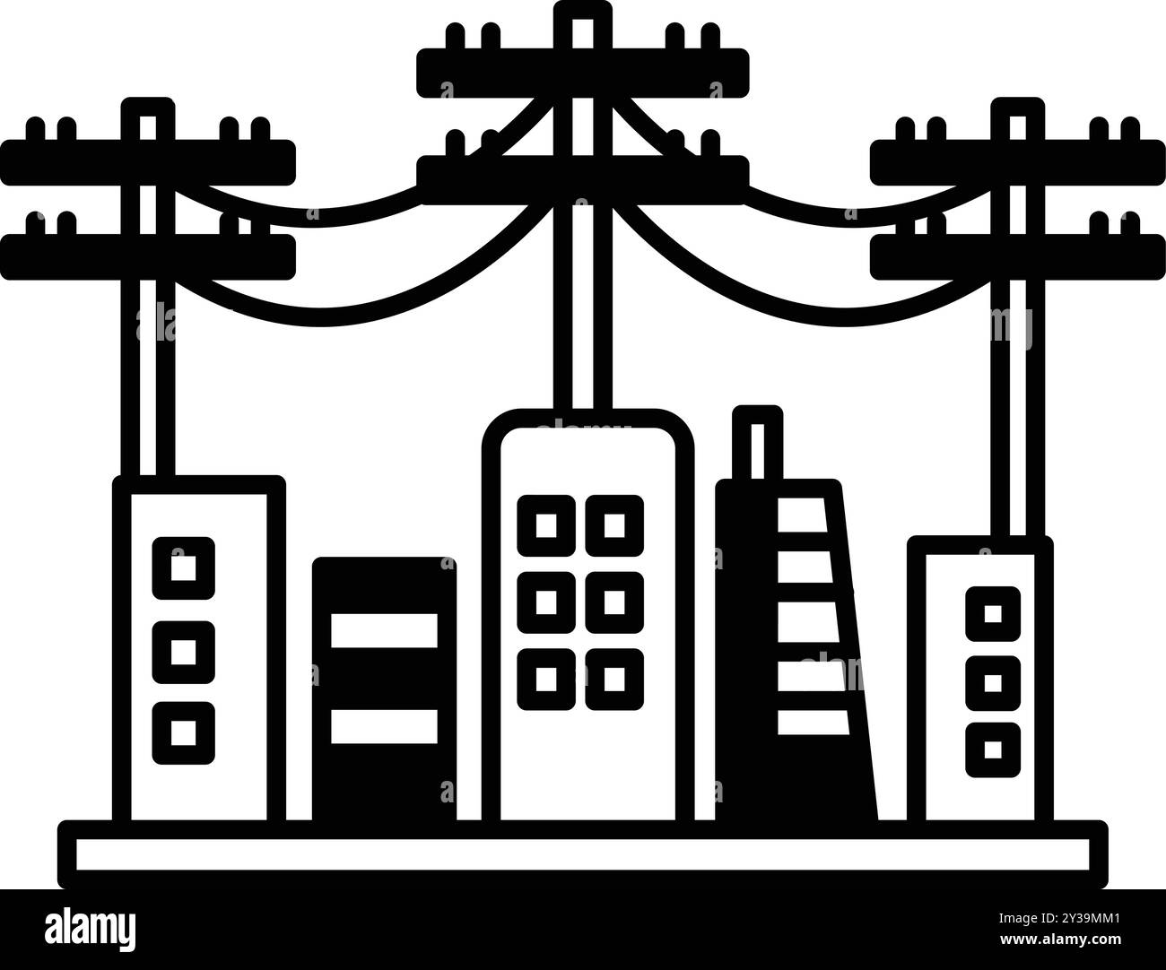 A city skyline with tall buildings and a power line in the background ...