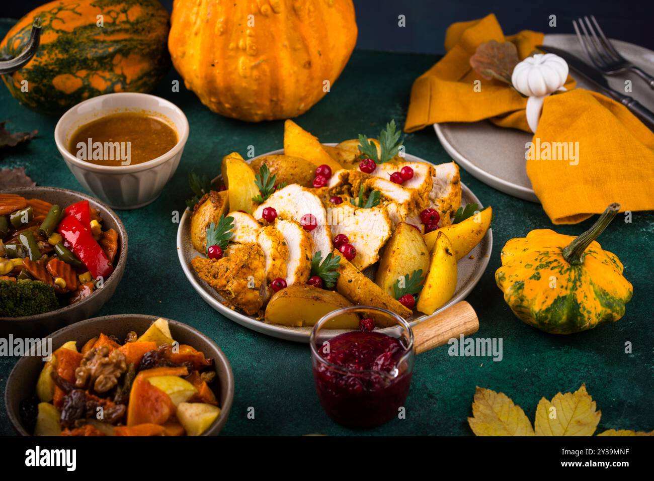 Traditional Thanksgiving day dinner with turkey Stock Photo - Alamy