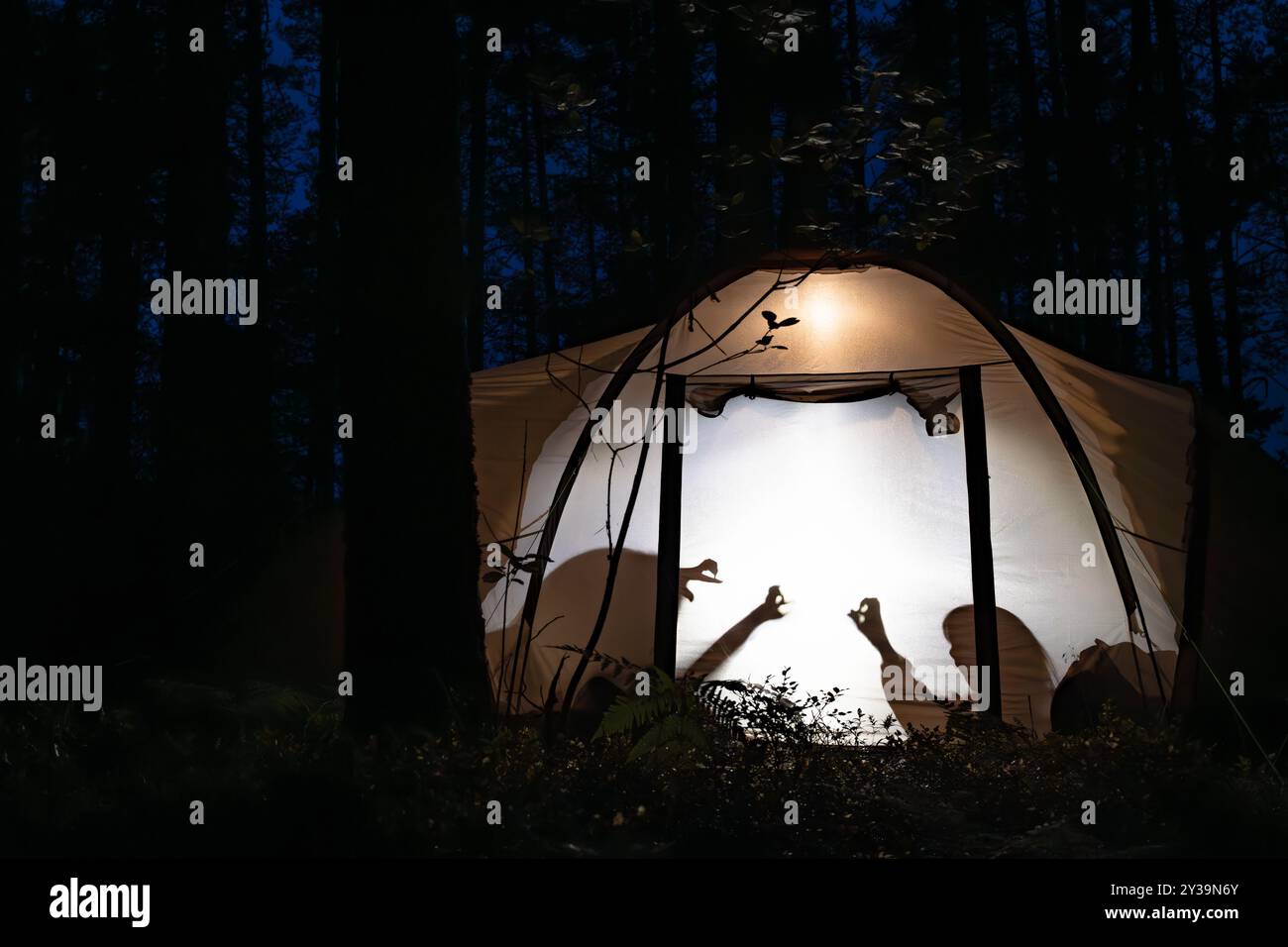 Silhouettes of children playing in camping tent at night making shadow ...