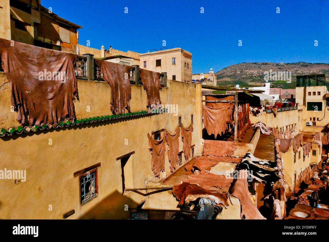 Fes,Fes, The Tanneries de Fes where fabrics are hand-dyed in huge vats ...