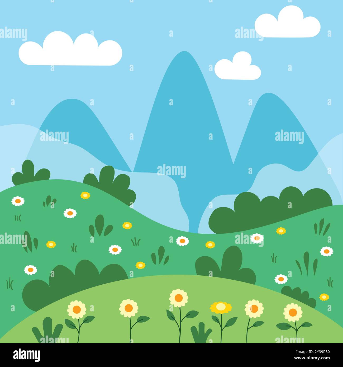 Bushes and mountains landscape icon in flat style. Spring green hills ...