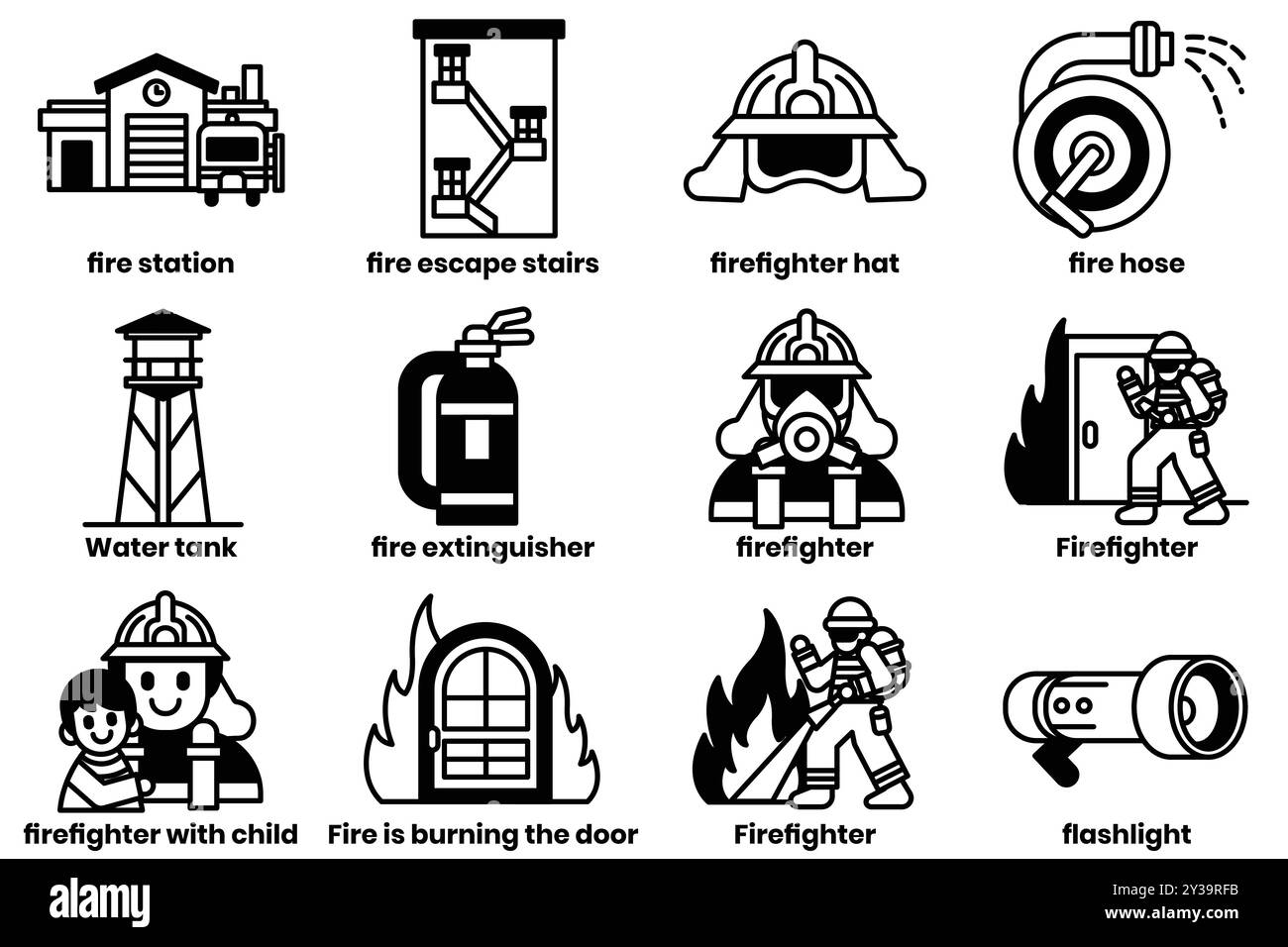 A Set of illustrations in the concept of firefighters in line drawing ...