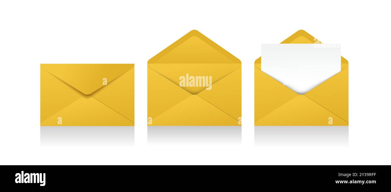Set of realistic yellow envelopes in different positions. Folded and unfolded envelope backpack ...