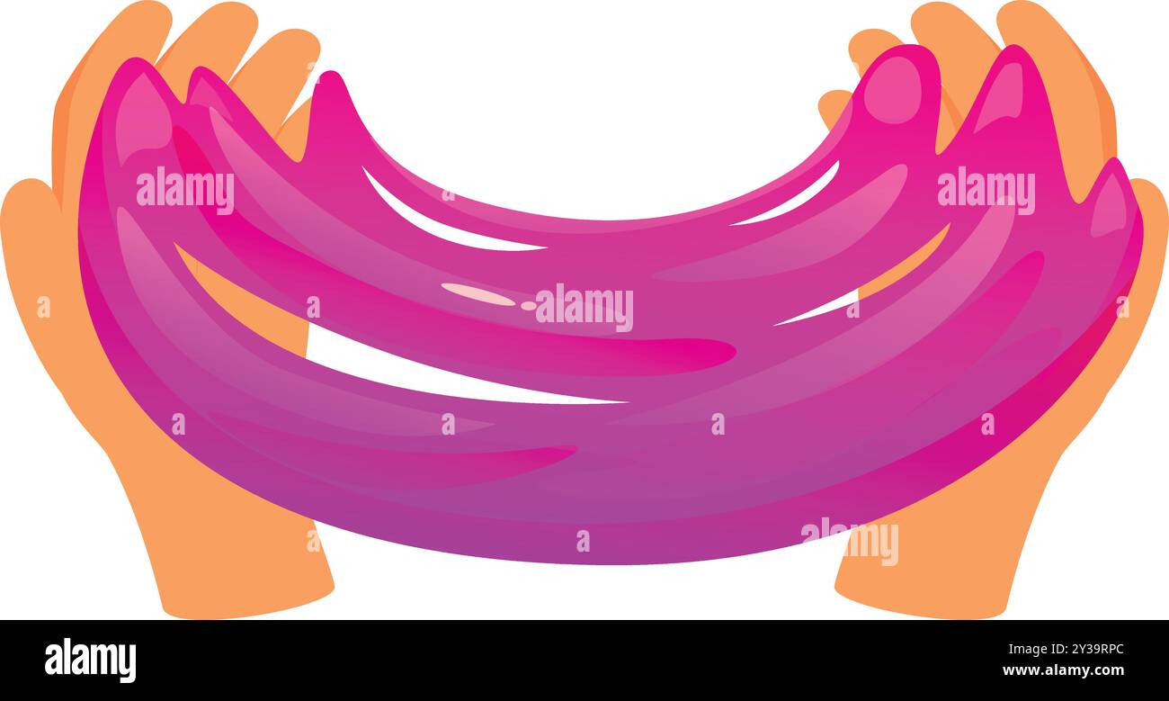 Hands playing with a purple slime, stretching the gooey substance for ...