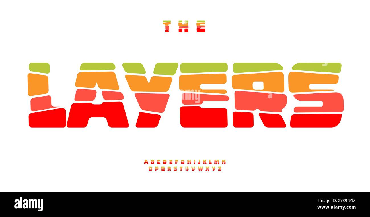 Bright colorful siced alphabet, joyful layered letters evoke cut strata ...