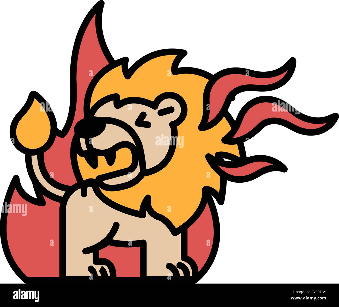 A cartoon lion is standing in front of a fire with flames coming out of ...