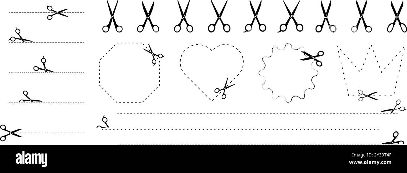 Cut lines and geometric shapes with scissors. Cut here symbol Stock ...