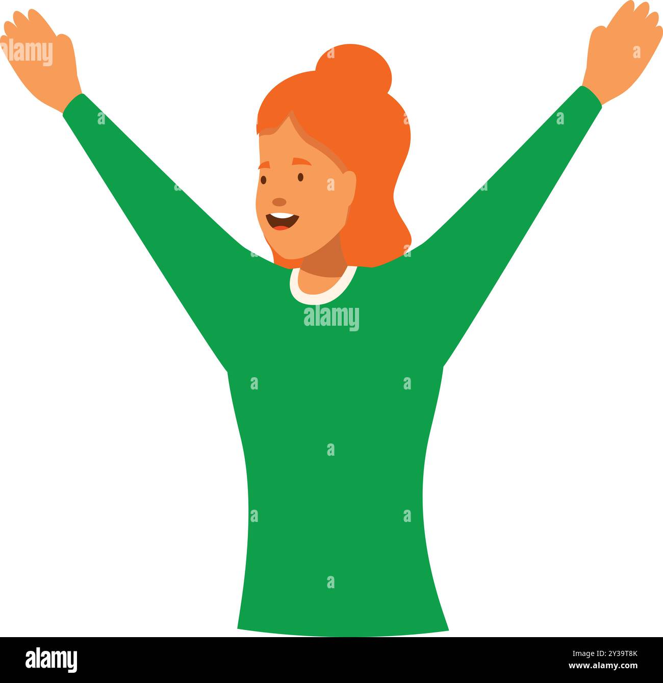 Young woman raising her arms and smiling, expressing joy and happiness ...