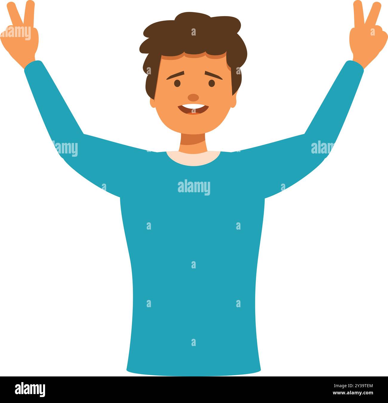 Happy young man is raising his arms and showing the peace sign with ...