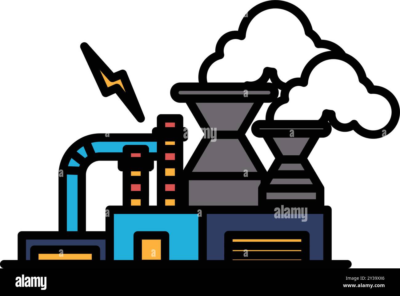 A factory with a large smokestack and a lightning bolt in the sky. The ...