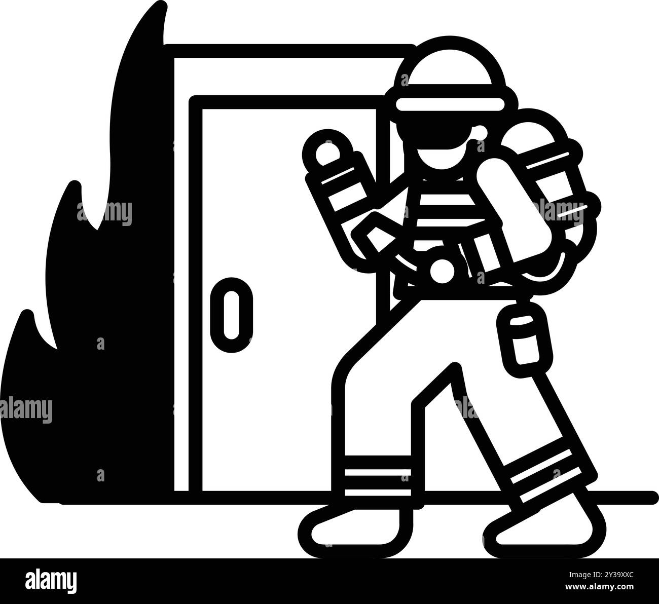 A firefighter is standing in front of a burning door. The man is ...