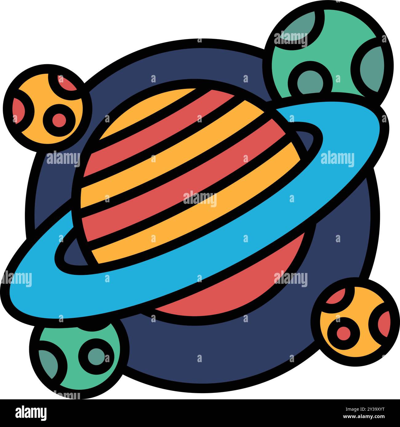 A colorful drawing of a planet with a blue ring around it. The planet ...