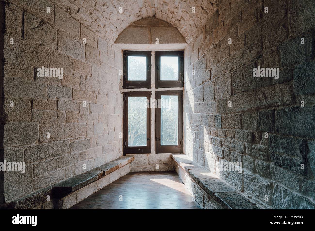 Interior view of the tower of Dinan Castle, medieval castle window ...