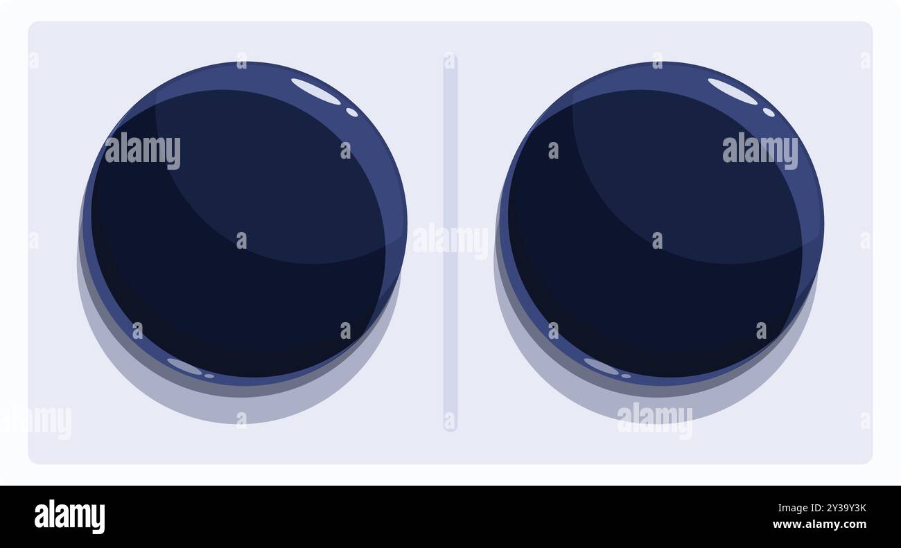 Two round black empty buttons are lying on a light blue background ...