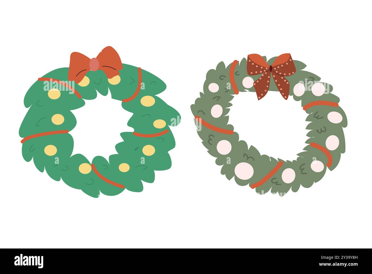 Xmas wreath vector illustration with baubles and bow, ribbon. Christmas ...