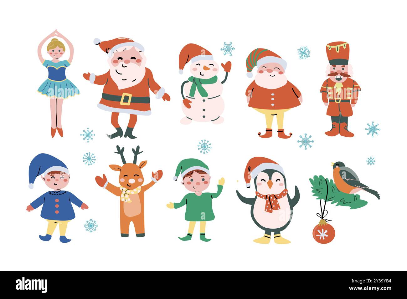 Cute xmas santa, deer, snowman, penguin and other fairy characters set ...