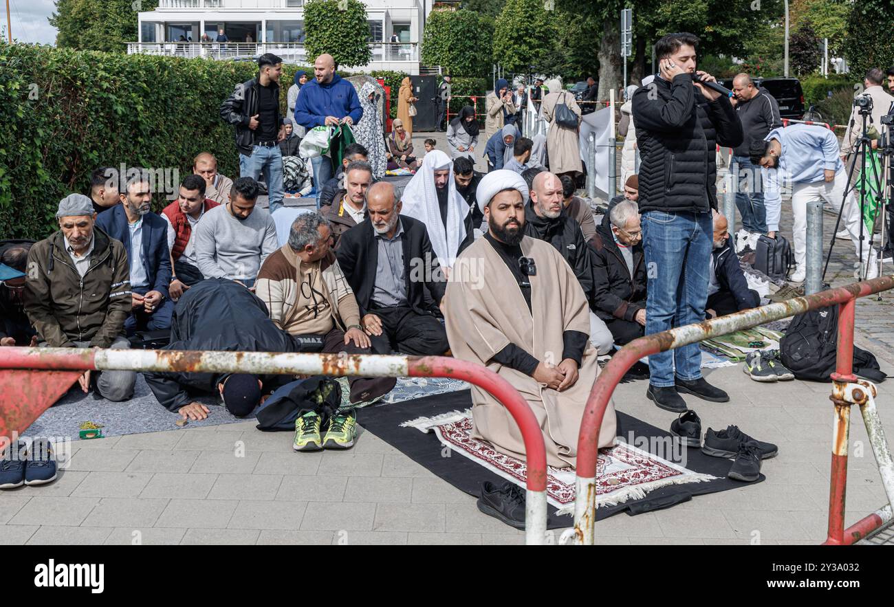 Hamburg, Germany. 13th Sep, 2024. Muslims hold their Friday prayers ...