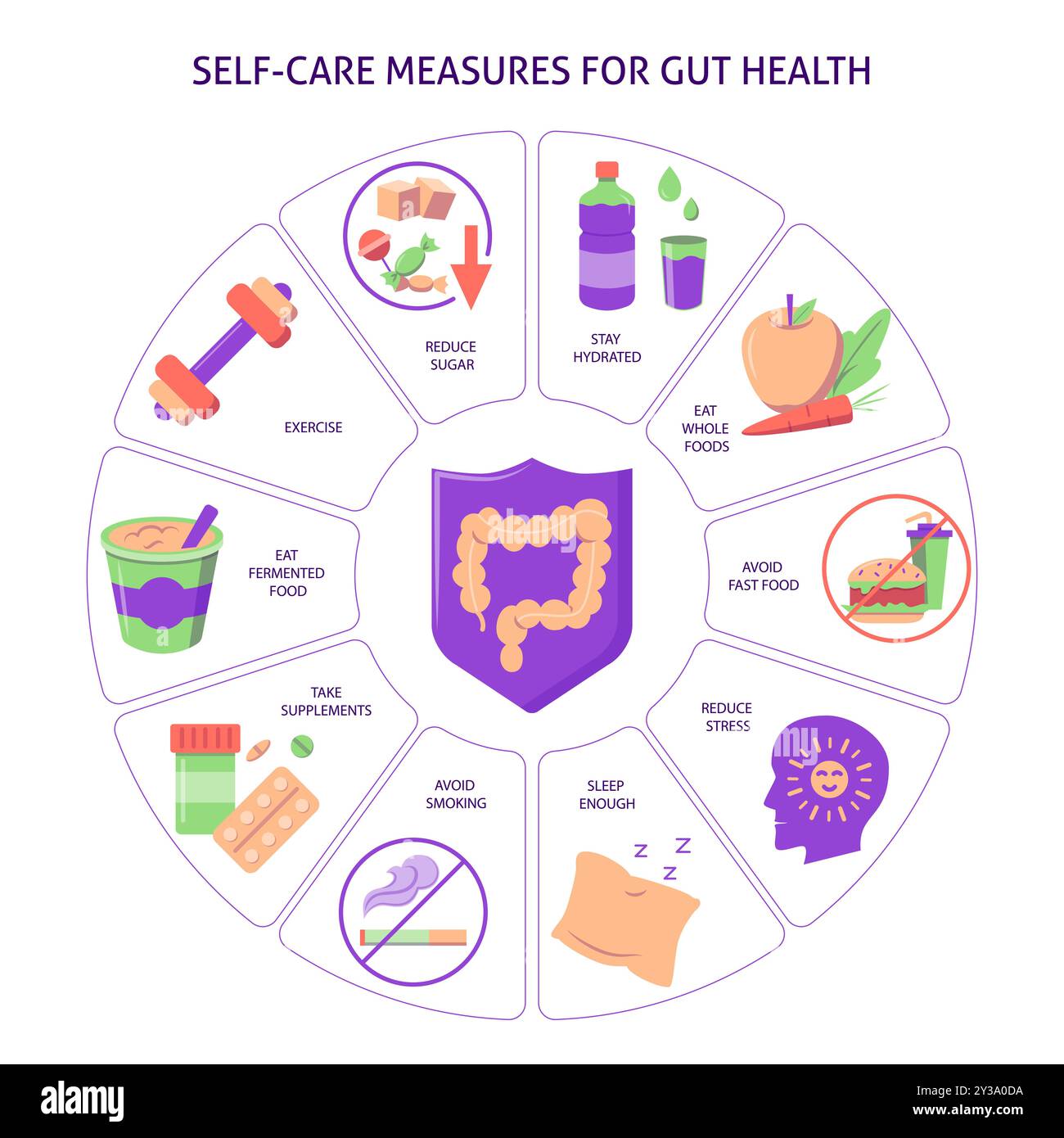 Self-care measures for gut health poster. Healthy digestion round ...