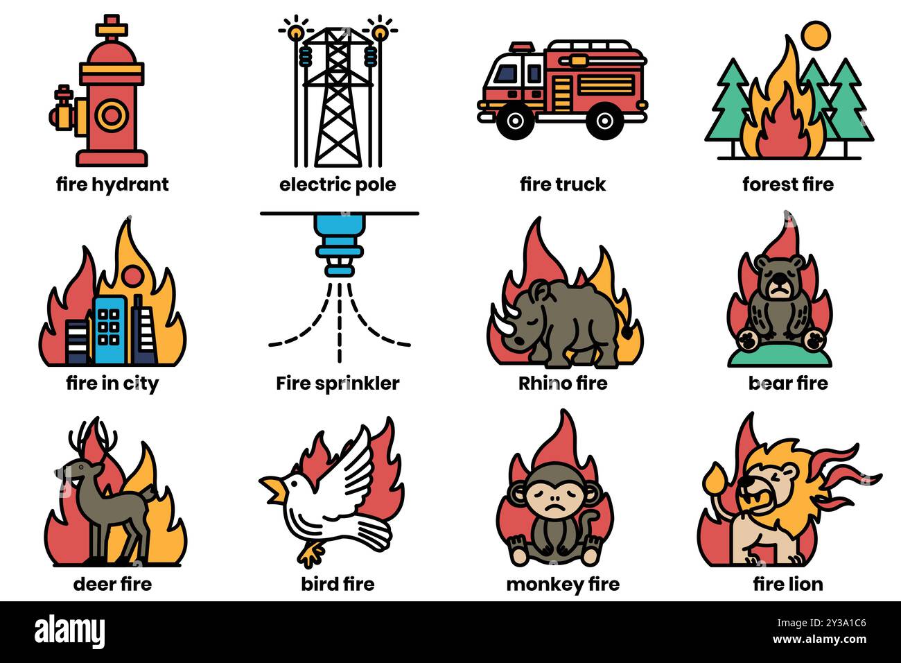 A Set of illustrations in the concept of forest fire and fire in line ...