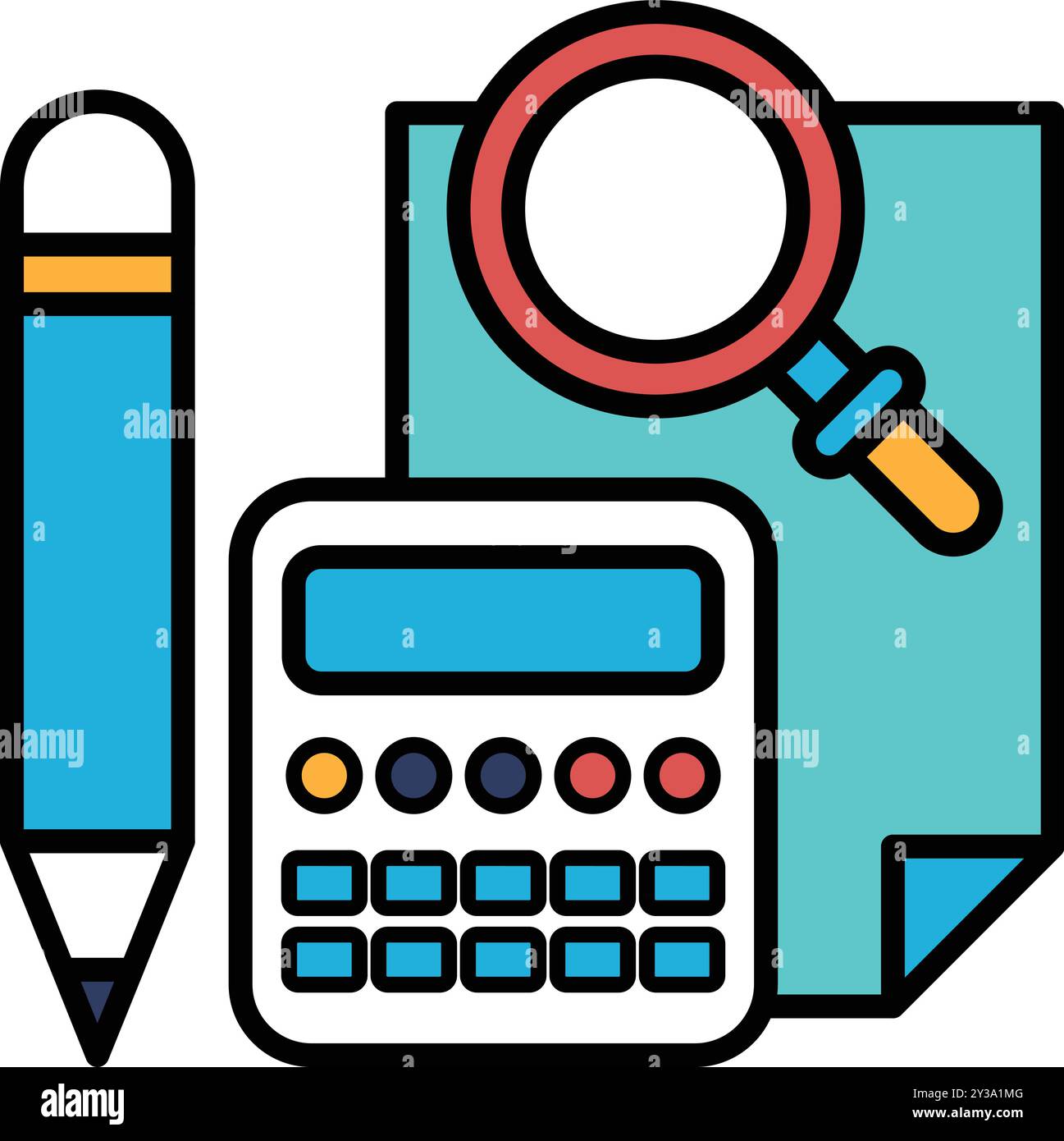 A pencil, a calculator, and a magnifying glass. Concept of problem ...
