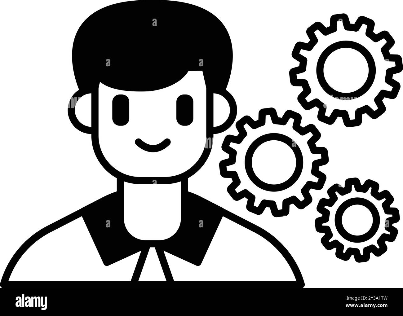 A man is smiling and wearing a tie. He is surrounded by three gears ...