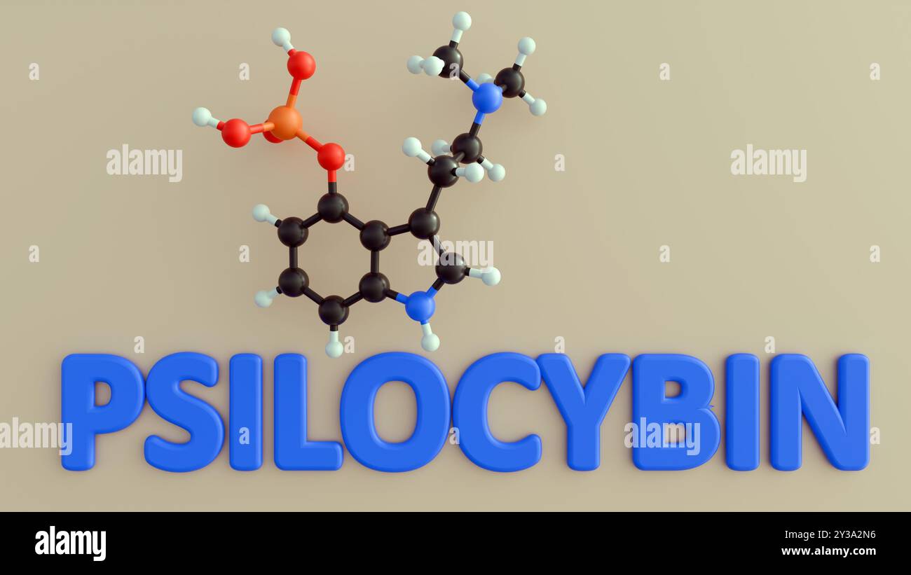 3D rendering of the word "PSILOCYBIN" and with the molecular structure ...