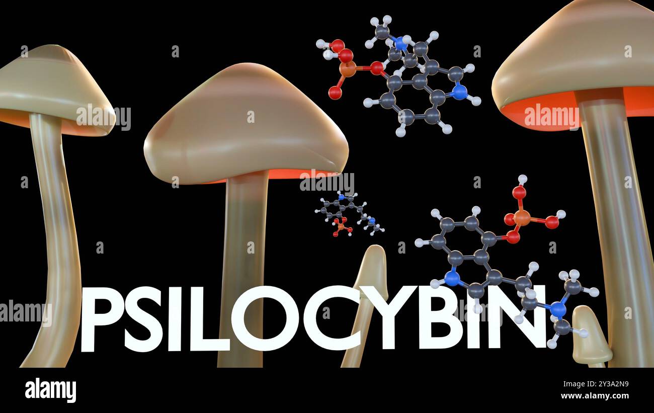 3d rendering of mushrooms with a chemical structure labeled "PSILOCYBIN ...