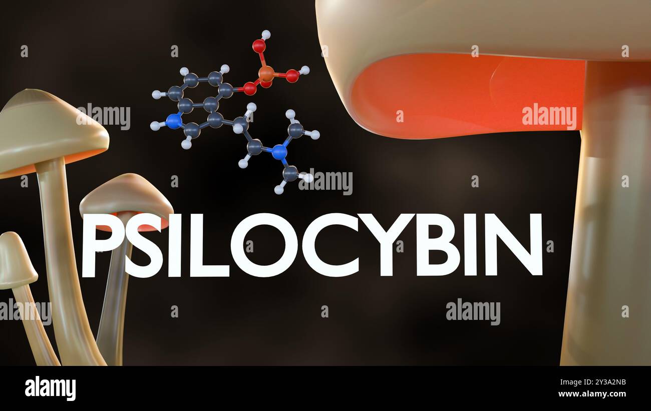 3d rendering of mushrooms with a chemical structure labeled "PSILOCYBIN ...