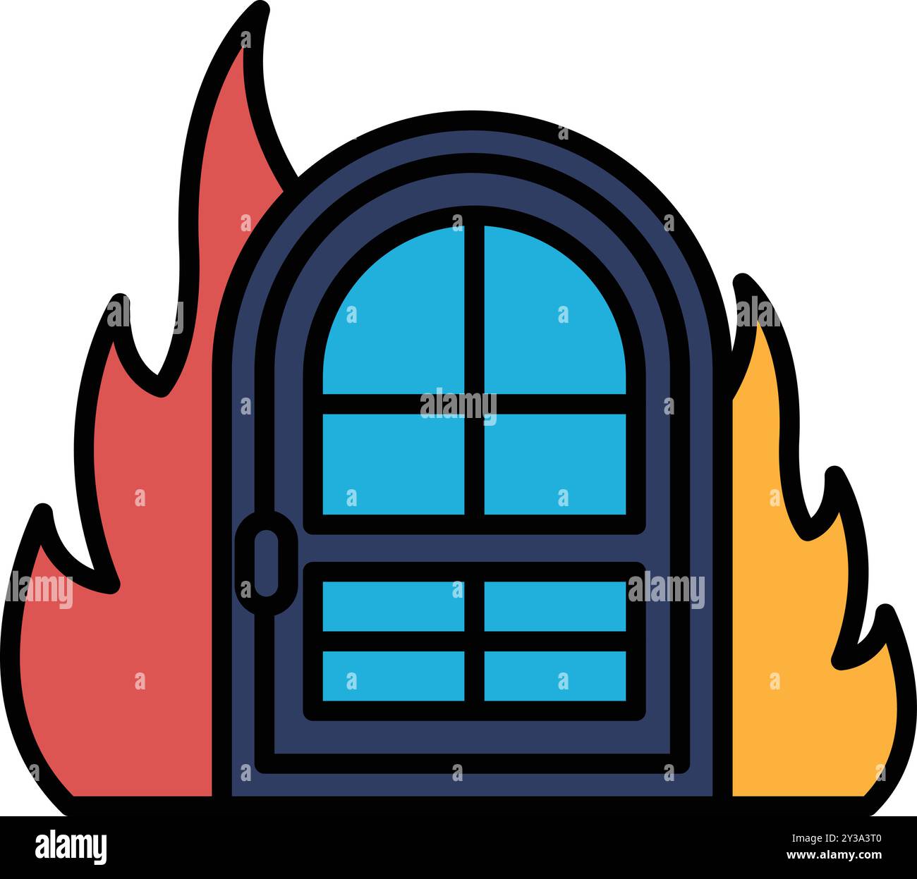 A door with flames surrounding it. The door is blue and has a window ...