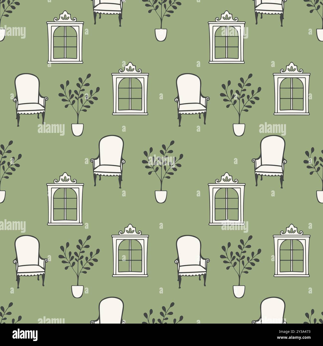 Green cozy pattern with chair, windows and potted plants, outline hand ...