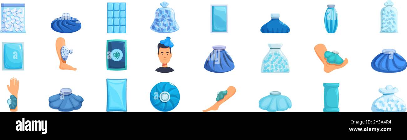 Ice bag icons set. Patient applying ice pack for pain relief after ...