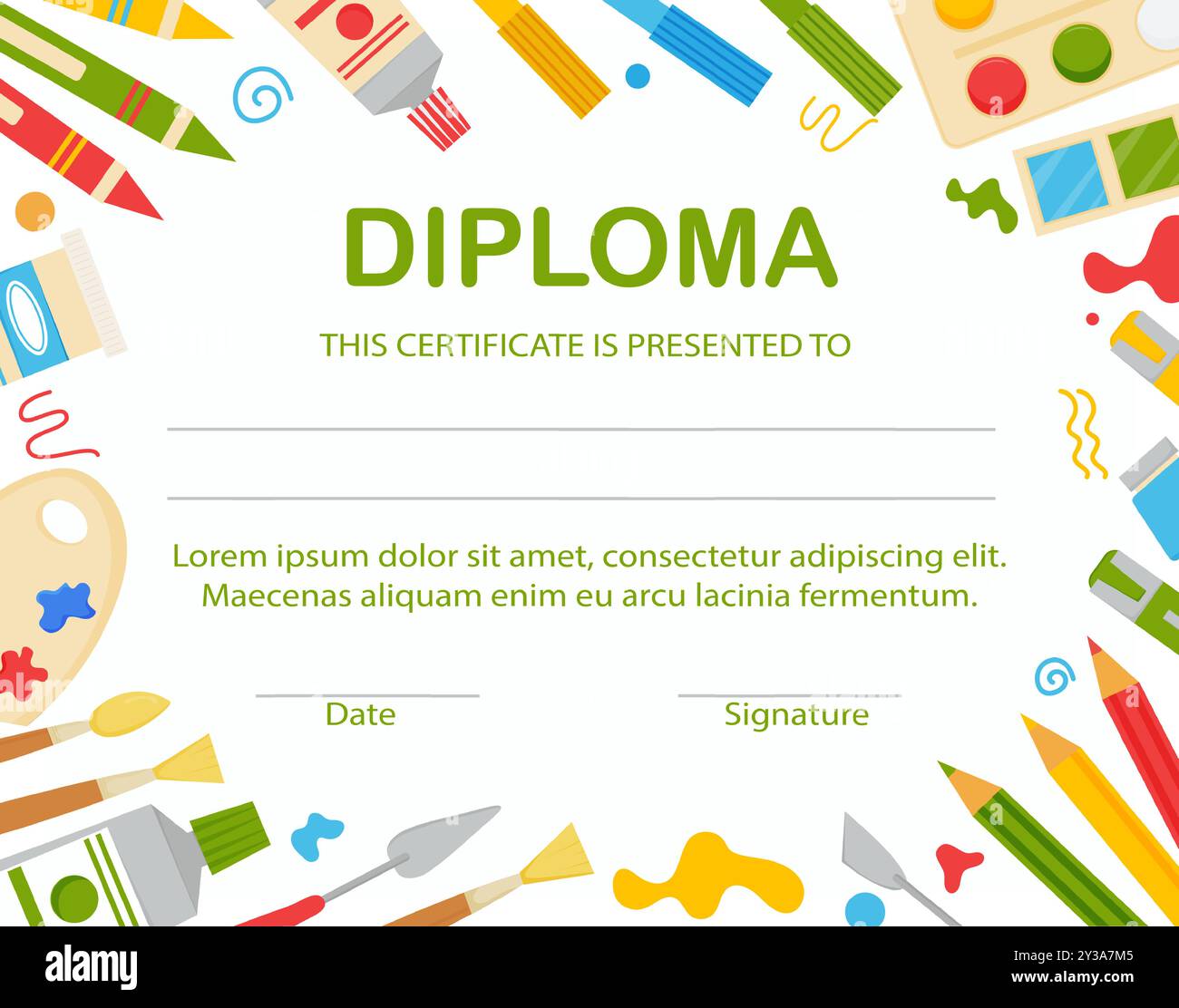 Kids diploma template with art supplies: paint, brushes, palette ...