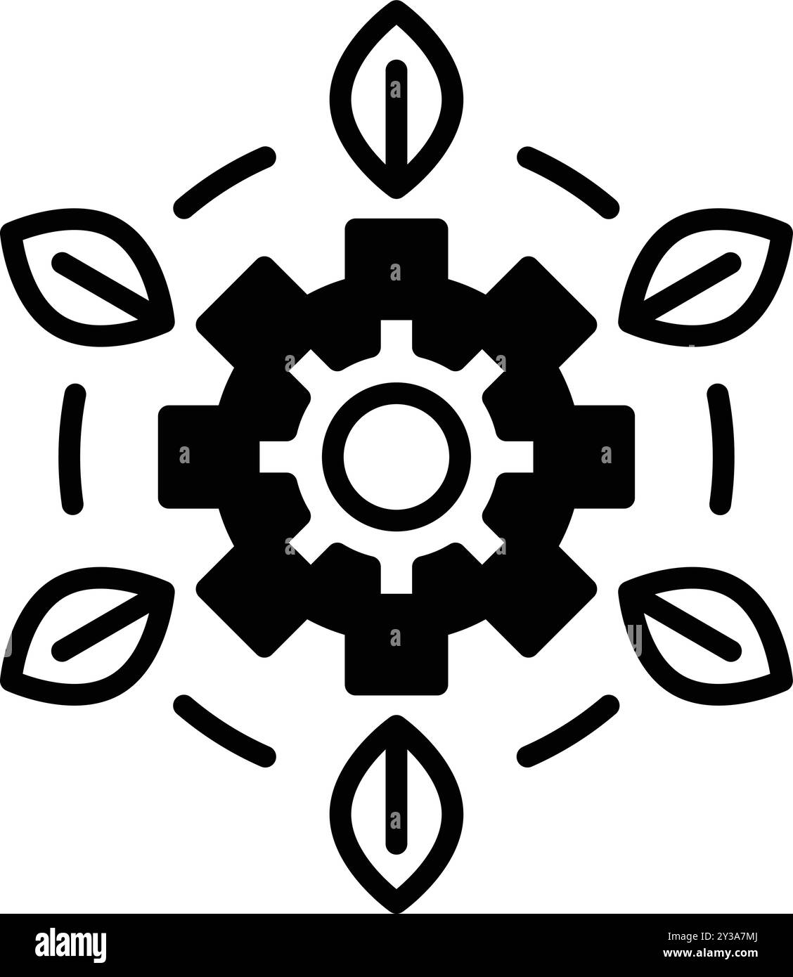 A graphic of a gear with black and white leaves surrounding it. Concept ...