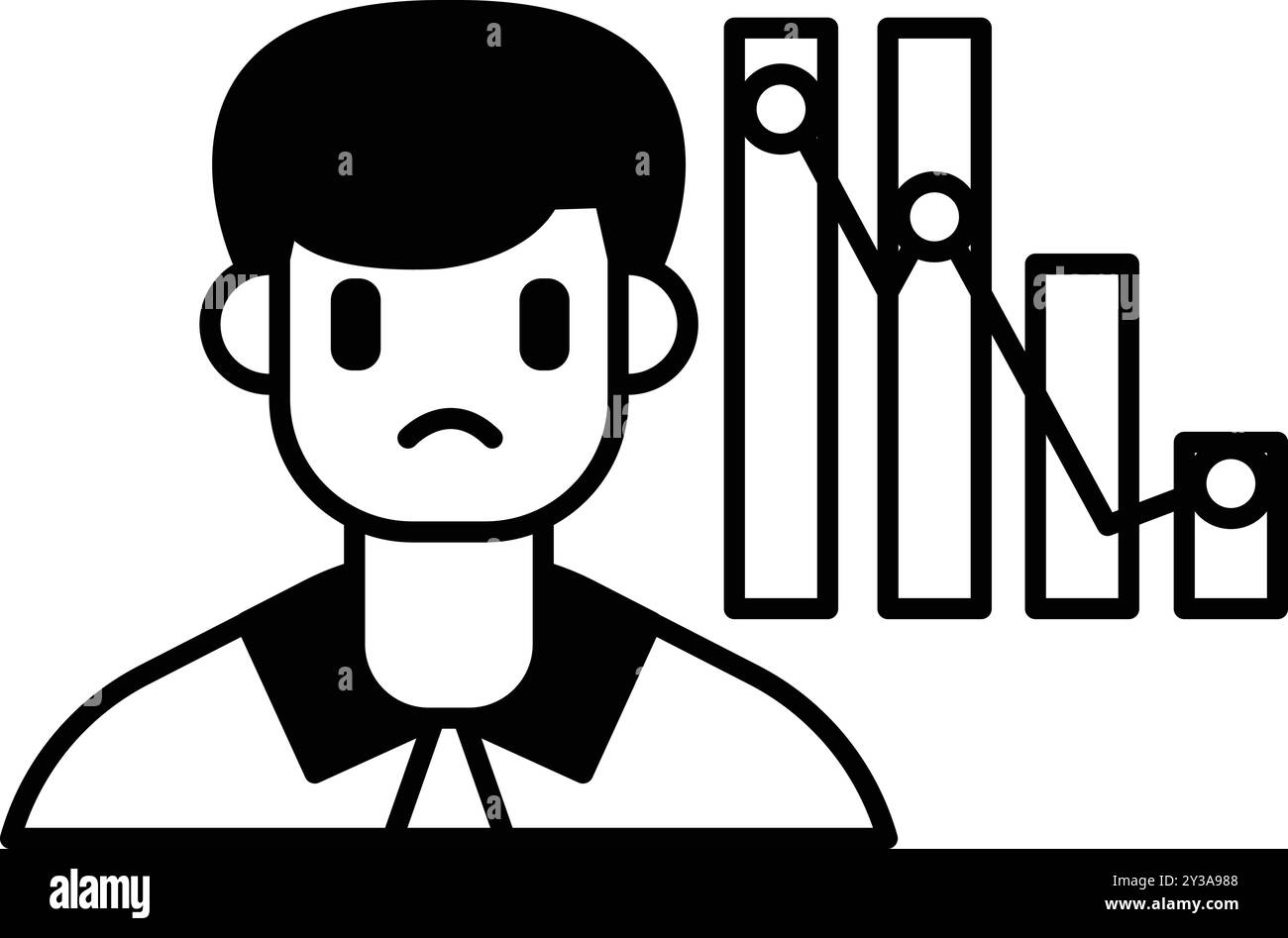 A man is looking at a graph with a downward trend. He is sad and ...