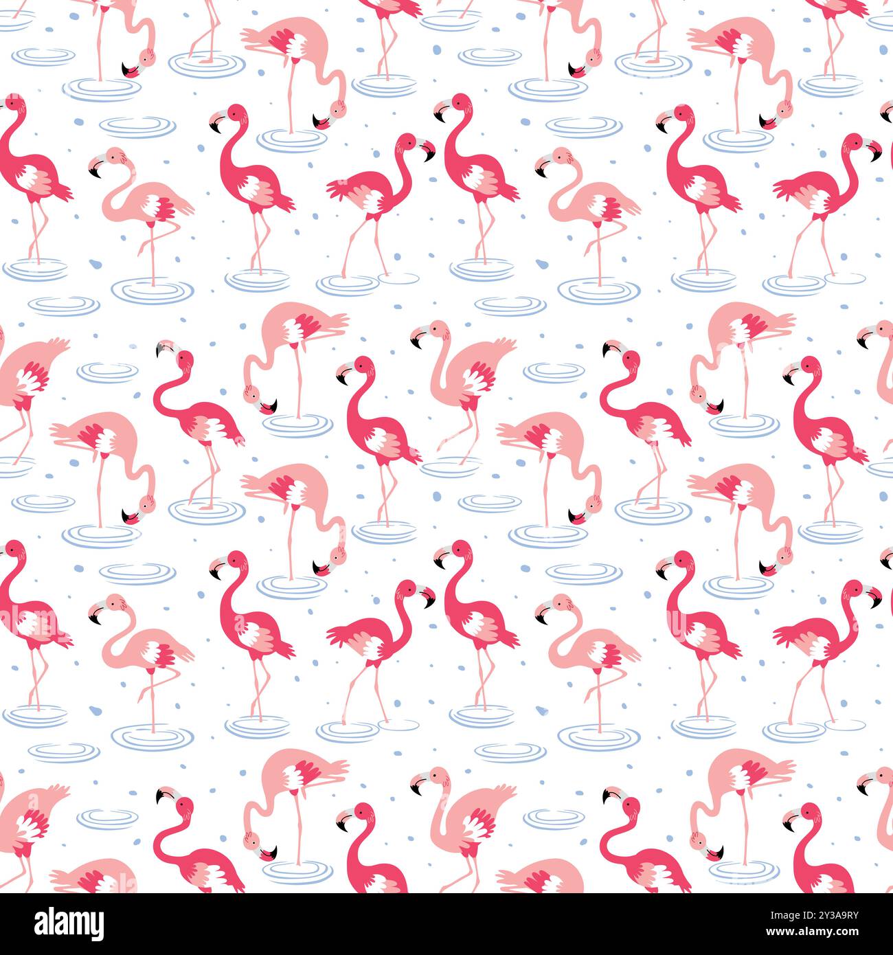 Pattern with pink flamingos and tropical leaves on a white background ...