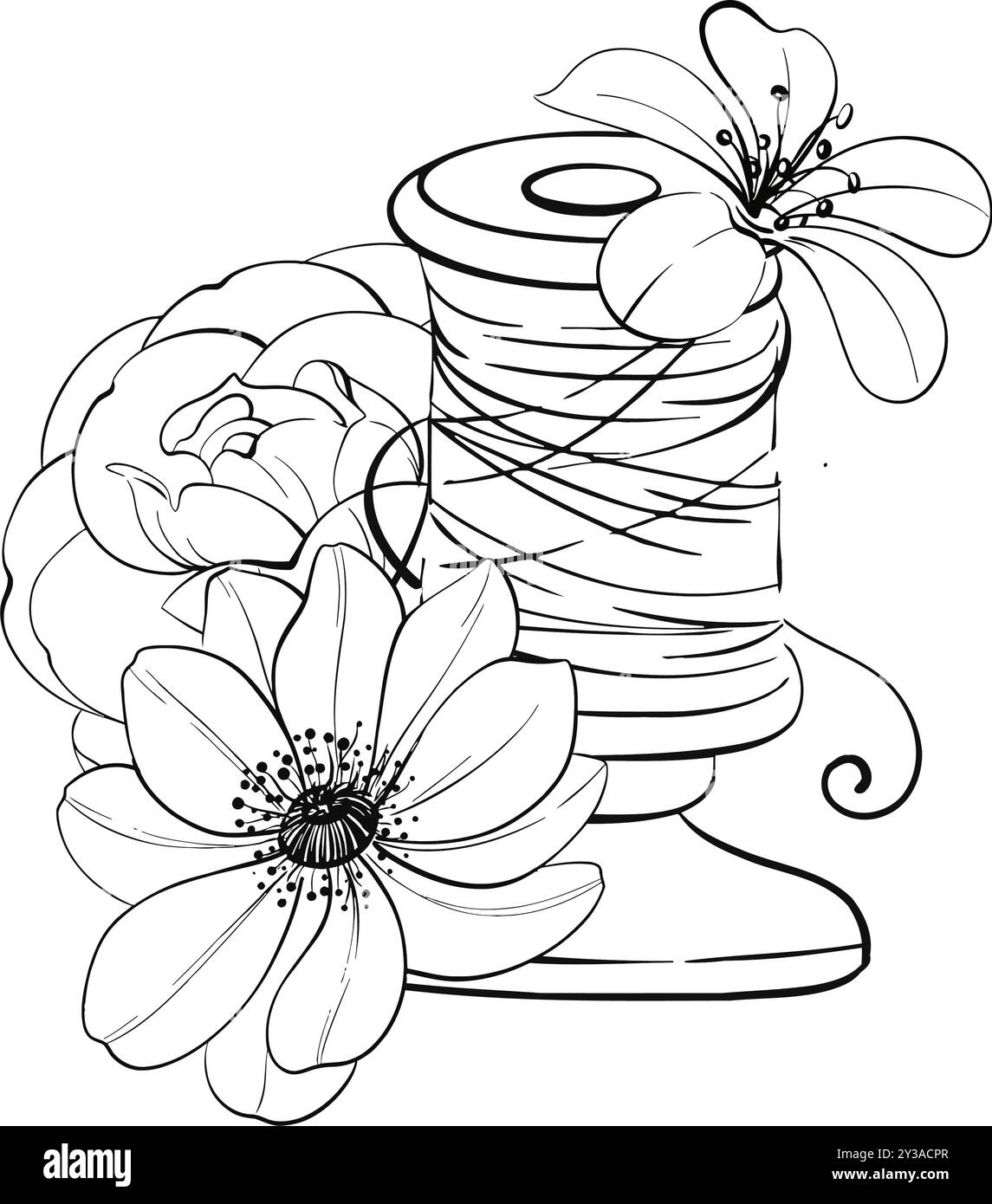 Vintage spool of thread with flower on white background. Concept of ...