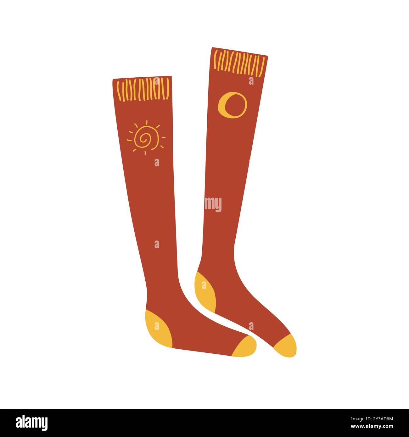 Pair of vintage socks. with sun and moon symbols Vector illustration ...